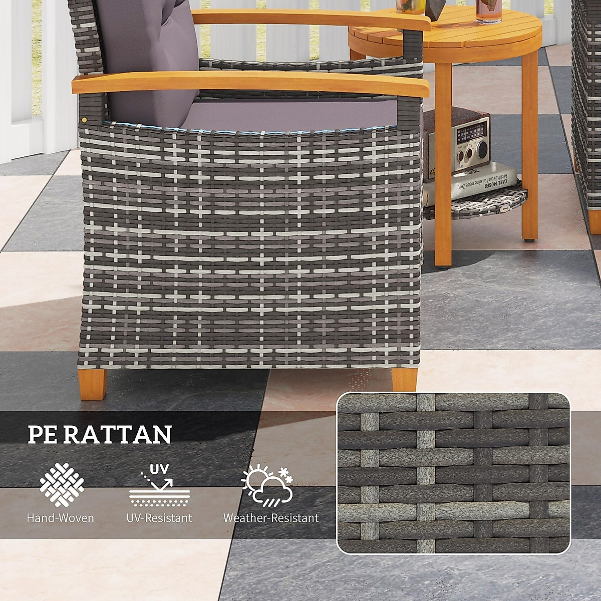 Outsunny 3 Pieces Wicker Outdoor Bistro Set, Rattan Patio Furniture Set with Acacia Wood Coffee Table and Porch Chairs for Backyard, Balcony, Garden, Gray