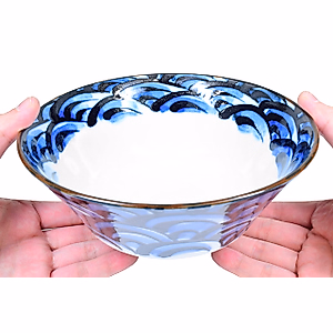 Japanese Mino Yaki(Ware) Ceramic Ramen Bowl and Ramen Spoon Set - Wave Navy, 33.8 fl oz, Japanese Donburi, Noodle, Soup Bowl, Microwave & Dishwasher Safe, Home Kitchen & Restaurant, Japanese Gifts