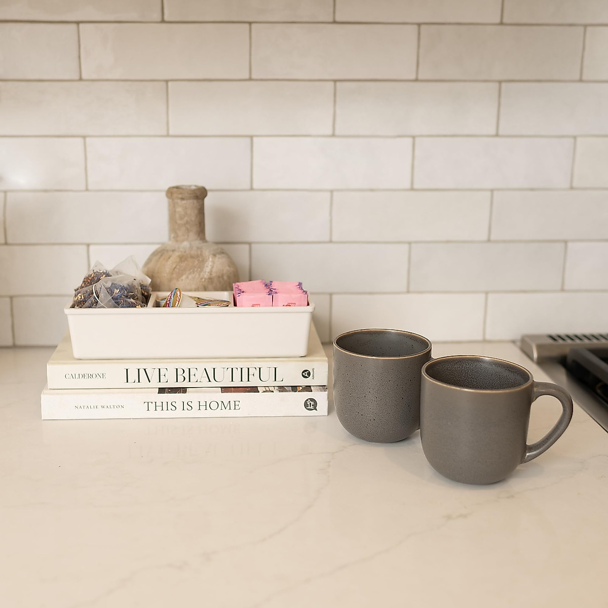 Modern Tea Bag Organizer - Small Bamboo Eco-Friendly Countertop Tea Organizer for Tea Bags - Tea Box Organizer for Hot Tea Storage, Teabag Caddy, Drink Packet Organizer, Kcup Coffee Pod Holder (White)