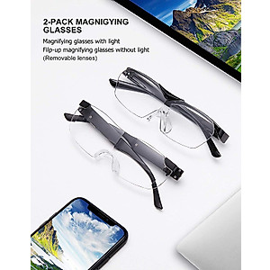 SKYWAY 160% Magnifying Glasses with LED Light, Rechargeable Lighted Magnifier Eyeglasses for Reading Small Prints Labels, Close Work, Needlepoint Sewing Crafts Hobbies Hands Free 2-Pack 1.6X