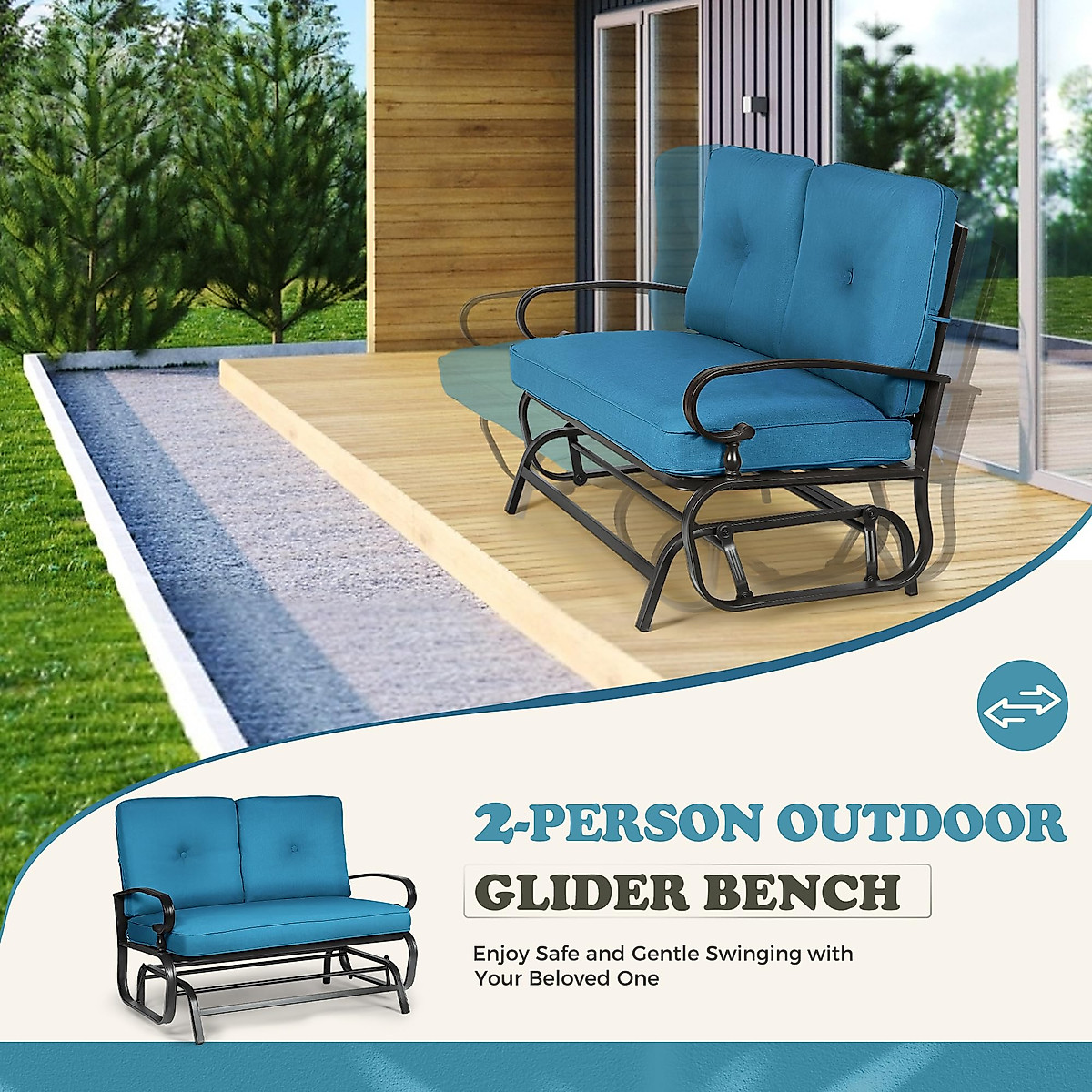 Patiomore Outdoor Bench Patio Swing Glider Loveseat 2 Seats Rocking Chair, Wrought Iron Chair Set with Blue Cushion