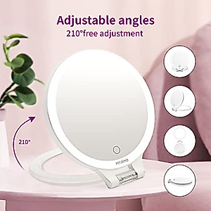 Lighted Magnifying Makeup Mirror, Two Sided 1X/10X Round Vanity Mirror with Adjustable Folding Swiwle Handle, 3 Color Lighting, Rechargeable