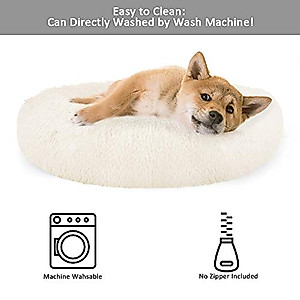 Round Cat Bed Donut Dog Bed, Washable Cuddler Pet Cushion Faux Shag Fur Cat Cot with Bolster and Anti-Slip Base, Self-Warming Plush Cat Den for Kitten, Puppies, Small Medium Size Below 20 Lbs White