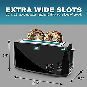 Elite Gourmet ECT4829B Long Slot 4 Slice Toaster, 6 Toast Settings Toaster Defrost, Reheat, Cancel Functions, Slide Out Crumb Tray, Extra Wide Slots for Bagels Waffles, Black