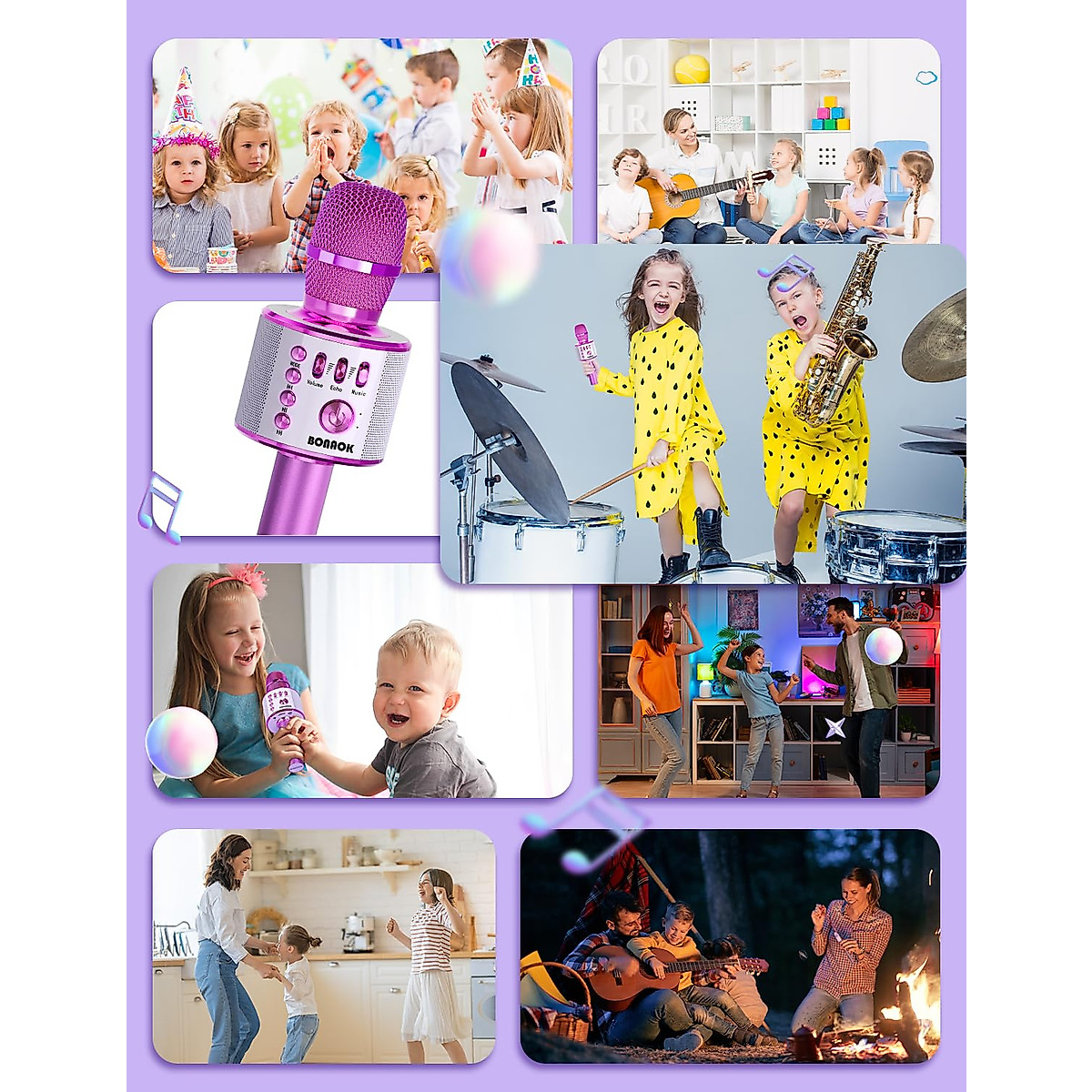 BONAOK Wireless Bluetooth Karaoke Microphone, Portable Toy Microphone for Singing, Gifts to Girls Boys Kids Adults All Age Q37（Bright Purple）
