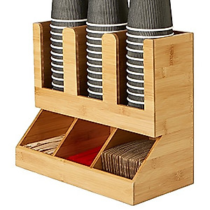 Mind Reader 6 Compartment Bamboo Upright Coffee Breakroom Condiment and Cup Storage Organizer, Brown
