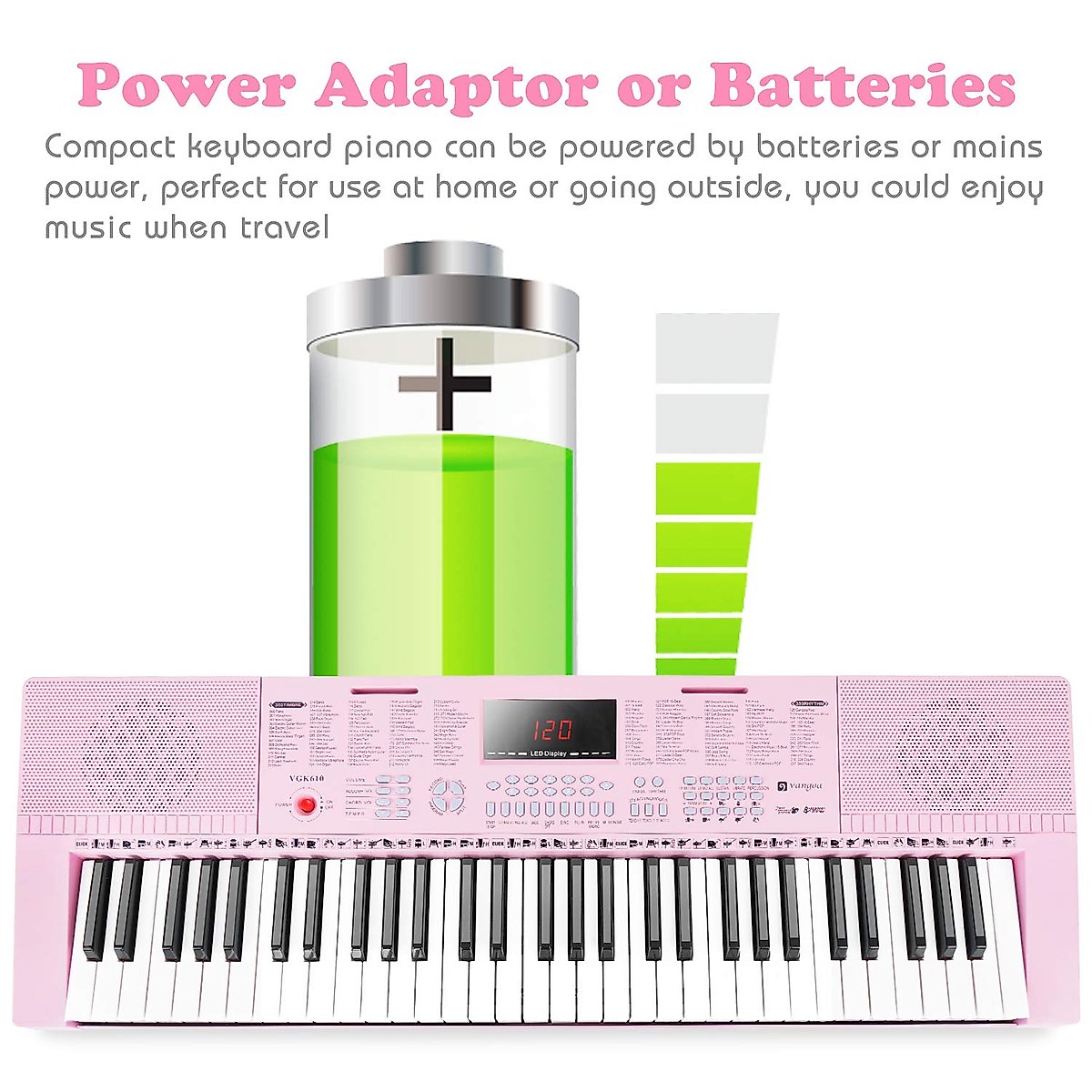 Vangoa VGK610 Piano Keyboard, 61 Mini Keys Portable Music Keyboard for Beginners with Microphone, 3 Teaching Modes, 350 Tones, 350 Rhythms, 30 Demos, Pink