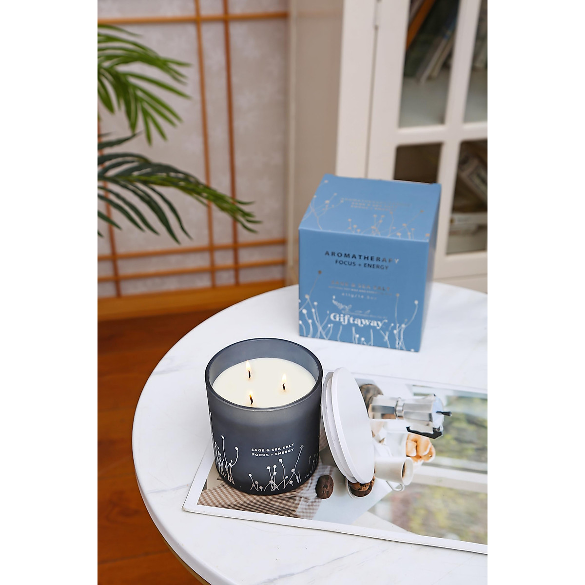 White Sage Sea Salt 3 Wick Candle 14.5 oz | Sage Candles for Cleansing House | Large Soy Candles for Home Scented | Aromatherapy Energy Cleansing Sage Scented Candles for Women & Men