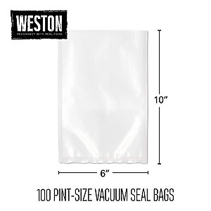 Weston Vacuum Sealer Bags, 2 Ply 3mm Thick, for NutriFresh, FoodSaver & Other Heat-Seal Systems, for Meal Prep and Sous Vide, BPA Free, 6" x 10" (Pint), 100 count, Clear
