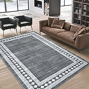RUGSREAL Large Area Rug 8x10 Solid Rug Grey Bordered Rug Modern Geometric Boho Rug, Anti-Slip Backing Rugs for Living Room, Foldable Machine Washable Area Rug(8'x10', Grey)