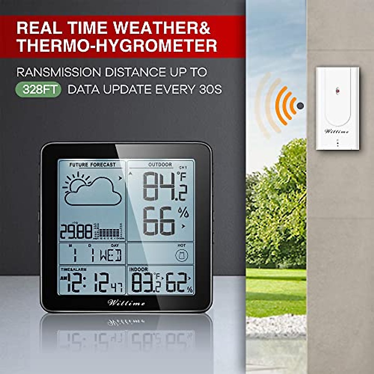 Wittime 2180 Weather Station with Atomic Clock Indoor Outdoor Thermometer Wireless Wireless Temperature and Humidity Monitor Inside Outside with Sensor Battery Powered