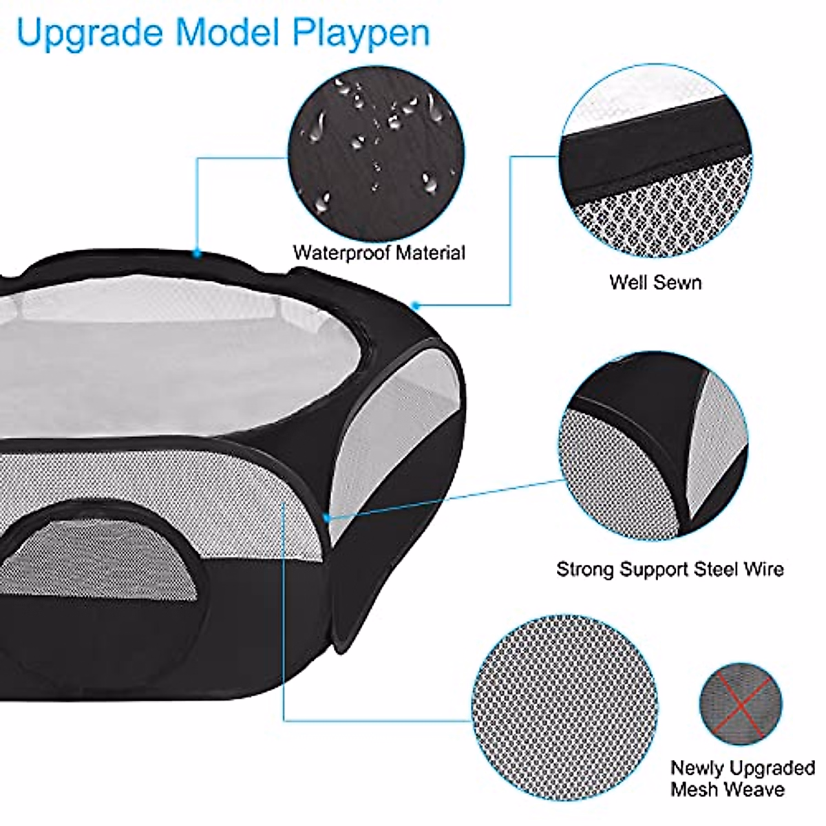 Zhilishu Small Animal Playpen, Portable Guinea Pig Playpen Pet Playpen Kitten Playpen with Double Zippered Cover Indoor Outdoor for Bunny, Rabbit, Hamster Connect Tunnel(Black)