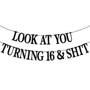 Happy 16th Birthday Banner, Happy Sweet 16, 16 and Fabulous, Funny Teens 16th Birthday Party Decorations Backdrop Gifts, Black Glitter