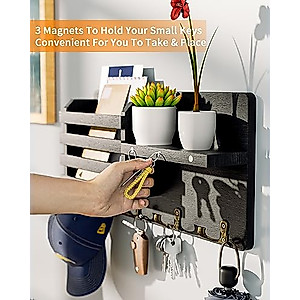 SWTYMIKI Mail Holder for Wall with Magnet Hanging, Rustic Wooden Key Holder with Key Hooks Wall Mounted Key Hanger Organizer for Entryway, Mudroom, Hallway, Living Room and Office, Black