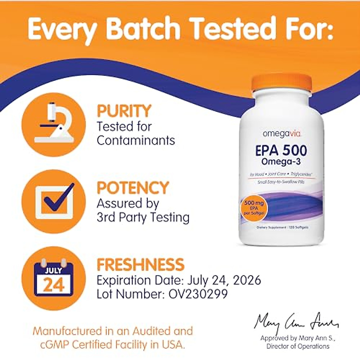 OmegaVia EPA 500, Purified Omega 3 Fish Oil Burpless Softgels, 500 mg EPA in Triglyceride Form, Unflavored Wild Fish Oil Supplements, No Fishy Burps, Non GMO and Gluten Free, IFOS 5-Star, 120 ct