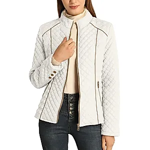 Bellivera Women's Stand Collar Lightweight Quilted Puffer Jacket Padded Zip Coat for Spring and Winter 087 White L