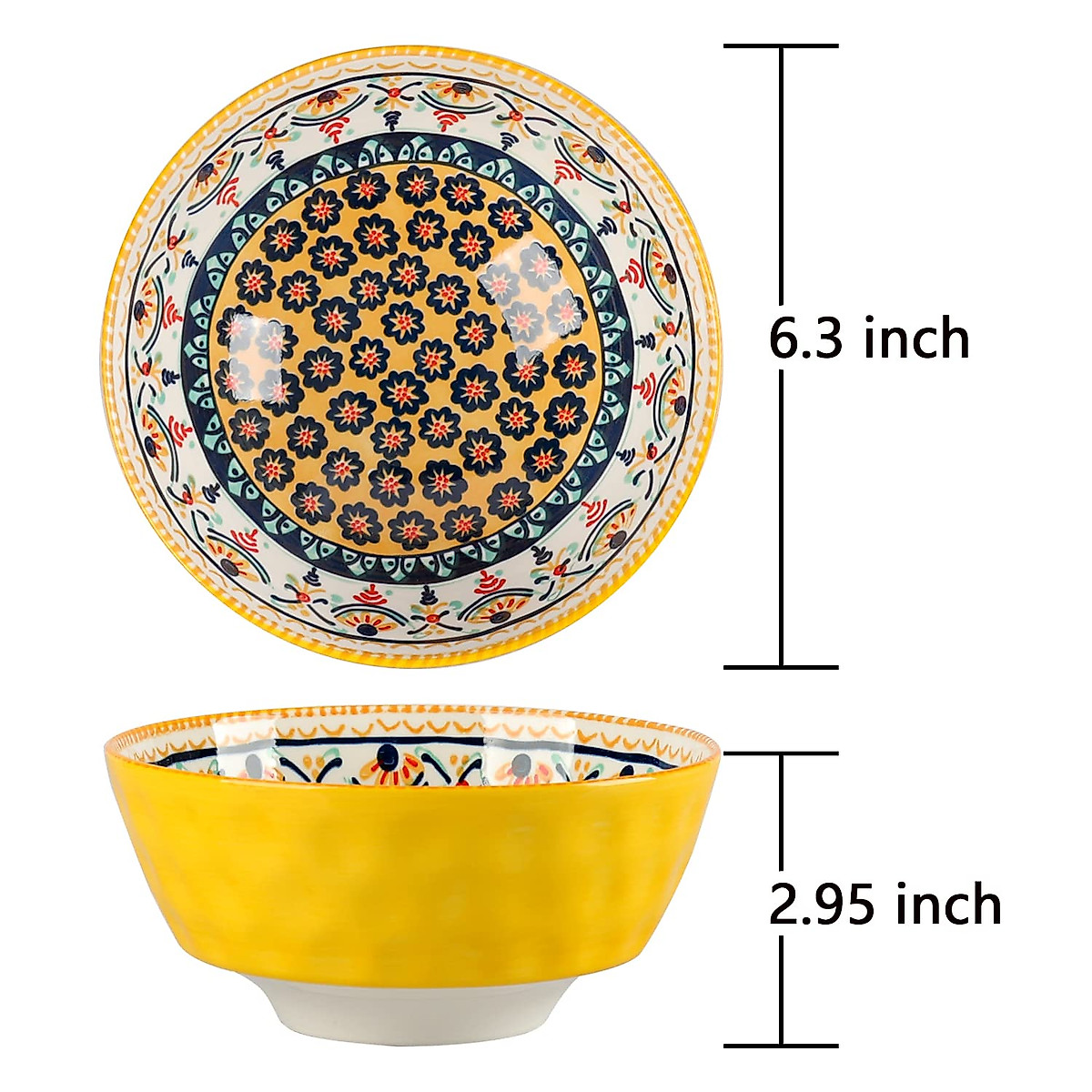 HSOFBLUES Soup Bowls 24 oz Ceramic Floral Bowl Set of 4 for Soup Salad Ramen Rice, Assorted Vibrant Colors Microwave Dishwasher Safe