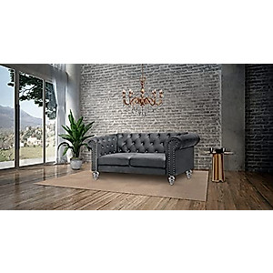 New Classic Furniture Glam Emma Velvet Two Seater Chesterfield Style Loveseat for Small Spaces with Crystal Button Tufts, Gray