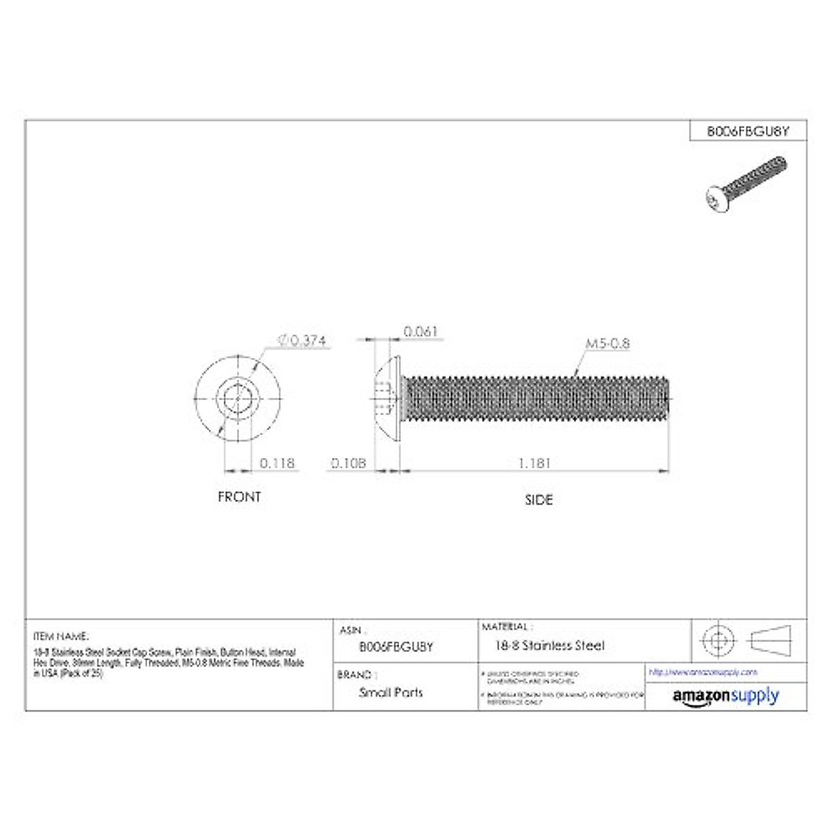 18-8 Stainless Steel Socket Cap Screw, Plain Finish, Button Head, Internal Hex Drive, 30mm Length, Fully Threaded, M5-0.8 Metric Coarse Threads, Made in US (Pack of 25)