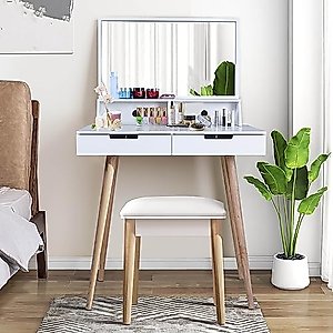 RIDFY Vanity Desk with 2 Drawers, Makeup Desk with Lighted Mirror,Mordern Dressing Table Set for Home Office Desk,Laptop,Study Writing, White