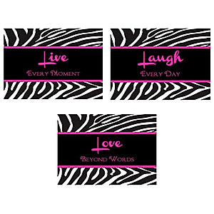Live Laugh Love Animal Print Zebra Black and Hot Pink Wall Art Set of 3 5x7 or 8x10 Prints ((unframed))