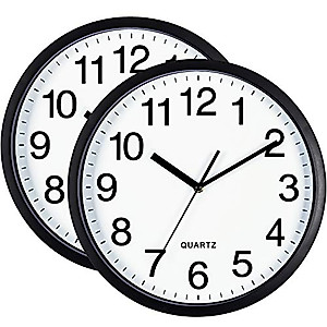 Bernhard Products Black Wall Clock 2 Pack Silent Non Ticking 10 Inch Bold Quality Quartz Battery Operated Round Easy to Read Home/Office/Classroom/School Clocks, Sweep Movement