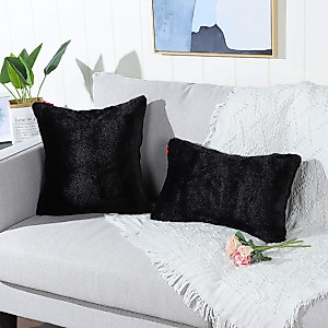 MANDIOO Pack of 2 Black Faux Fur Fuzzy Cozy Soft Decorative Throw Pillow Covers Lumbar Set Cushion Cases Pillowcases for Sofa Bedroom Car 12x20 Inches