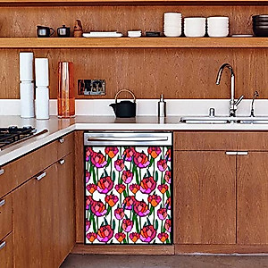 Dishwasher Magnet Cover Stained Glass Style Floral Modern Blooming Peonies Retro Textile Magnetic Refrigerator Stickers Decorative Appliance Cover Fridge Panels Metal Door Garage 23x26in