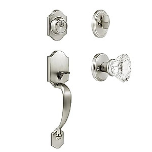 newliplace Front Door Handle with Single Cylinder Deadbolt and Crystal Glass Knob, Adjustable Front Door Lock Set Brushed Nickel Entrance Handleset with Lock