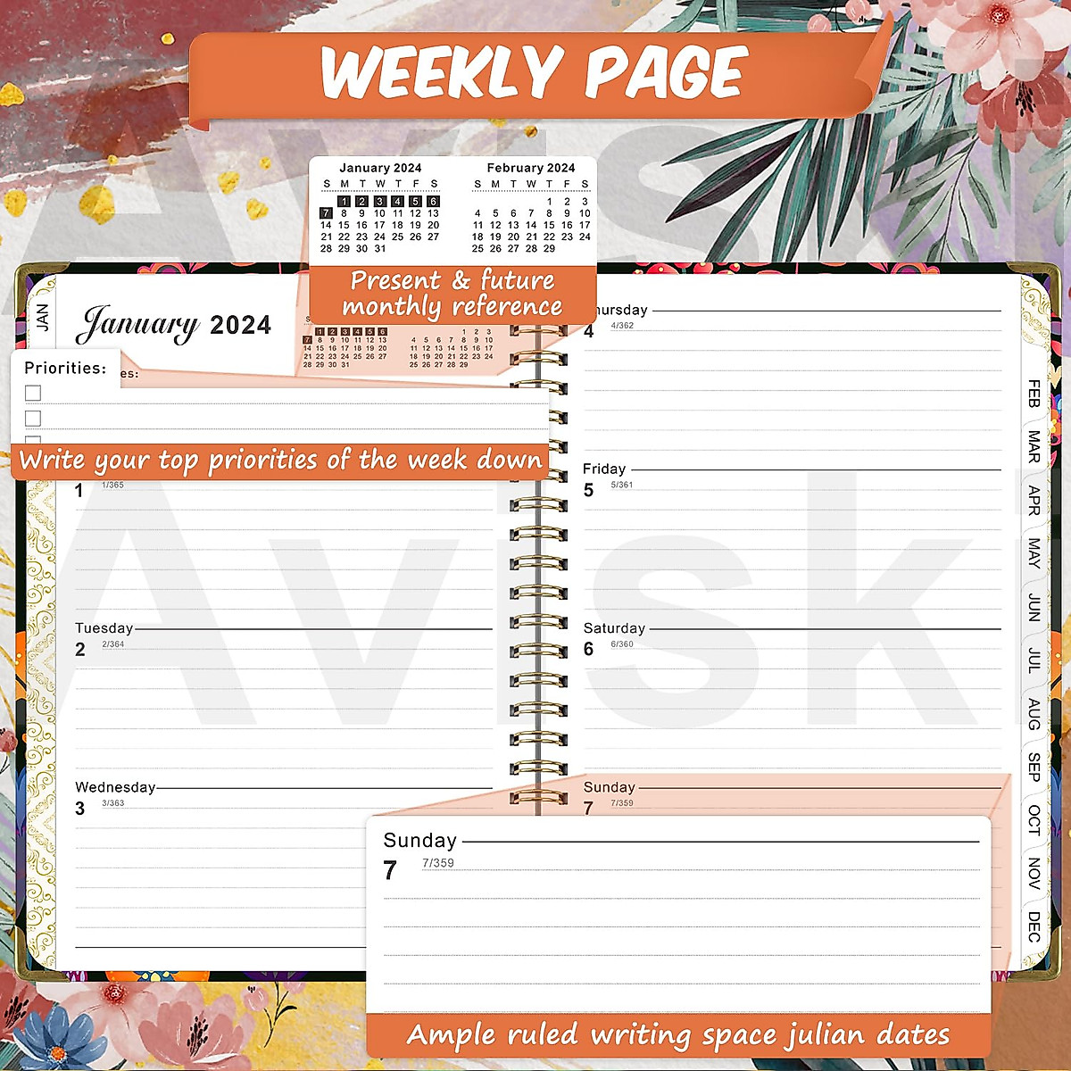 2024 Planner, Weekly & Monthly Planner 2023 from Jan. 2024-Dem. 2024, 6.1"×8.5", Academic Planner 2024 with Tabs, Thick Paper, Twin-Wire Binding, Home or Office Use for Gifts