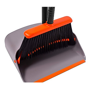 BirdRock Home Broom and Dustpan Set - Lobby Dust Pan - Orange and Grey Durable Set - Indoor or Outdoor - Sweep Combo Great for Kitchen, Home, Garage and Office - Clip On Self Cleaning Bristles