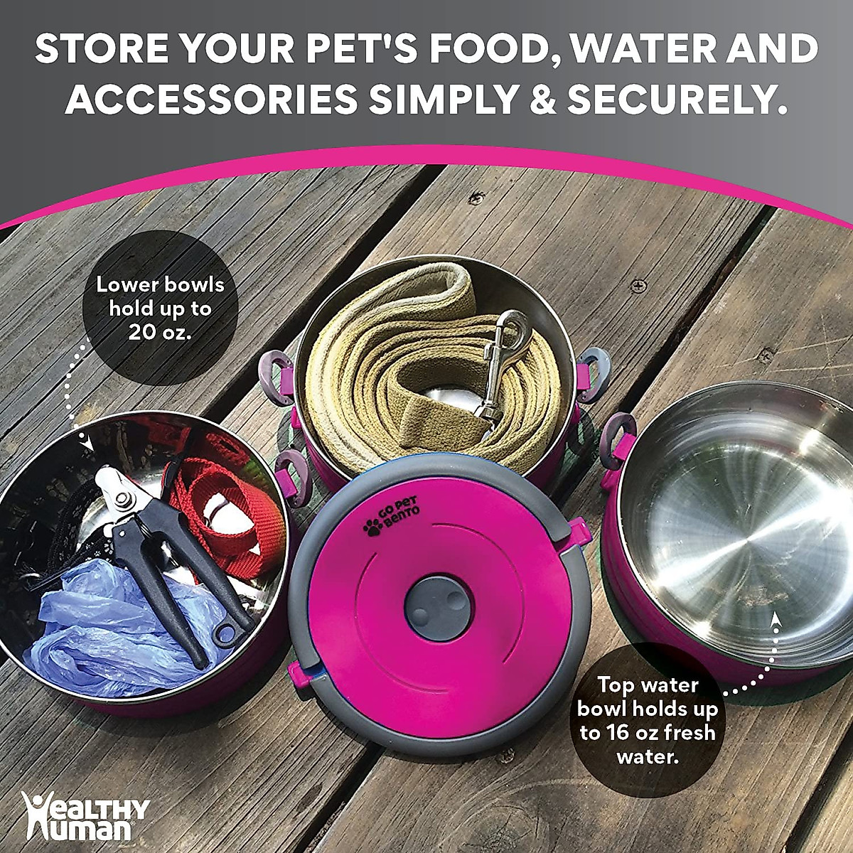 Healthy Human Travel Dog Bowls, Stainless Steel Portable Bento Bowls, Interlocking Set of 2 Bowls with Spare Clips and Handle, Ideal for Small to Medium Dogs