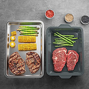 Food Prep BBQ Tray, 4-piece Grill Prep Trays Include a Silicone Marinade Container for Marinating Meat & a Stainless Steel Serving Platter for all your Grilled Barbecue, Heavy Duty & Easy Clean, Grilling Gifts for Men