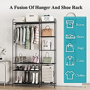 Wisdom Star Garment Rack with Shelves for Hanging Clothes, Free-Standing Clothes Rack with Shelves for Bedroom, Bathroom, Metal Clothes Racks for Hanging Clothes, Coats, Skirts, Shoes, Large, Black