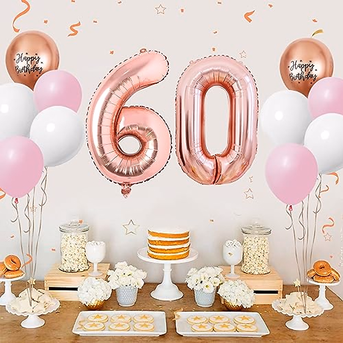 Funhot 40 Inch Rose Gold Number 60 Balloon, 60th Birthday Balloons, Rose Gold Birthday Print Matt White Pink Latex Balloons Giant 60 Foil Balloons for Women 60th Birthday Party Decoration Anniversary