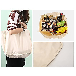 LONGTEN Reusable Grocery Bags Large Shopping Bags Cotton Eco Tote Bags Durable Canvas Bags Foldable Bags Compartment multi-pocket Design Beige