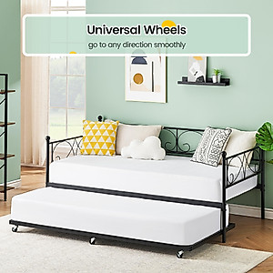 IDEALHOUSE Metal Daybed Frame with Trundle Heavy Duty Metal Slats/Mattress Foundation Platform Sofa Bed with Headboard for Bedroom, Twin, Black