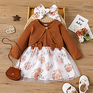 PATPAT Baby Girl Knit Spliced Floral Mesh Brown Dress and Long-Sleeve Cardigan with Headband 3pcs Set 3-6 Months