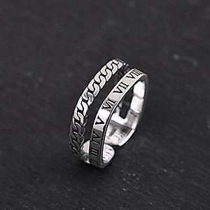 Retro Vintage 925 Sterling Silver Roman Numerals Symbol Ring for Men Women Open and Adjustable