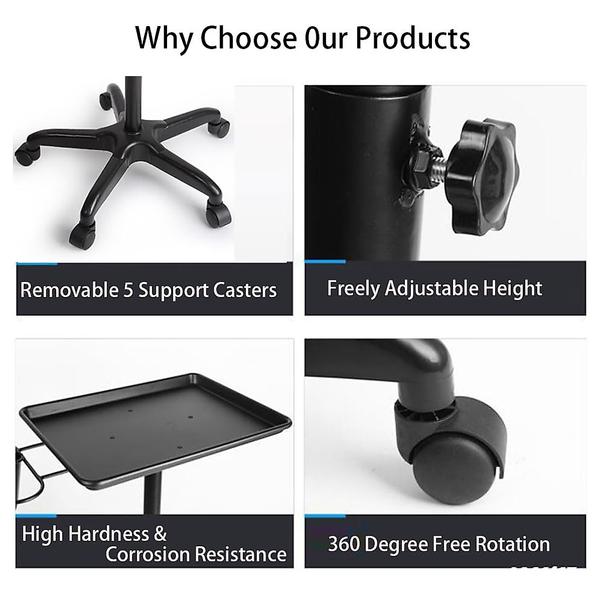 Salon Rolling Tray,Tattoo Tray Rolling Trolley Adjustable Height Utility Cart, Beauty Salon Clinic Spa Service Instrument Storage Tray(Black)