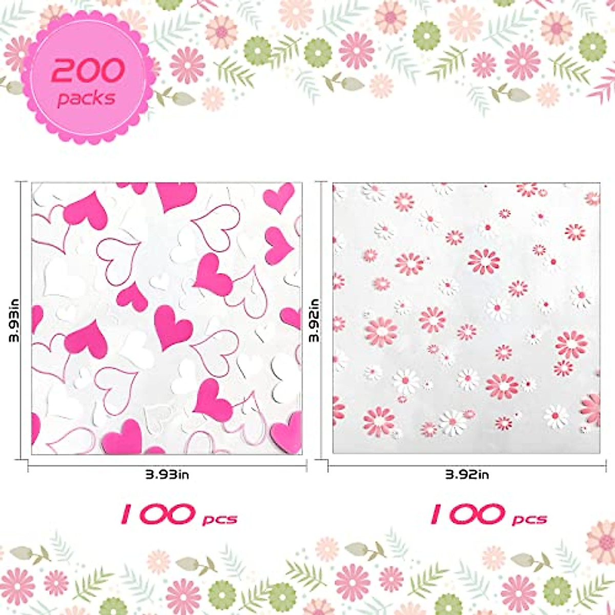 200pcs Small Self Adhesive Treat Bags Decorated Cookie Bags Resealable Treat Bags Heart Cellophane Plastic Individual Candy Bags for Wedding Valentine's Day Birthday Party 3.94" x 3.94"
