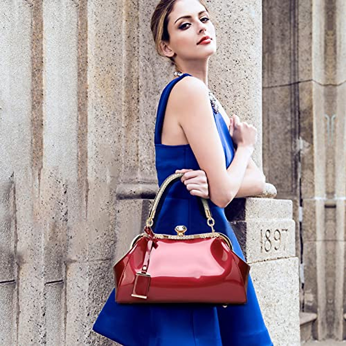 ROUROU Glossy Patent Leather Handbag for Women Top Handle Tote Bag Evening Shoulder Bag Wedding Satchel Retro Purse