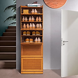 MoNiBloom Bamboo 9-Tier Shoe Organizer Storage Cabinet with Pull-Down Door 27-Pair Heels Boots Freestanding, Entryway, Brown
