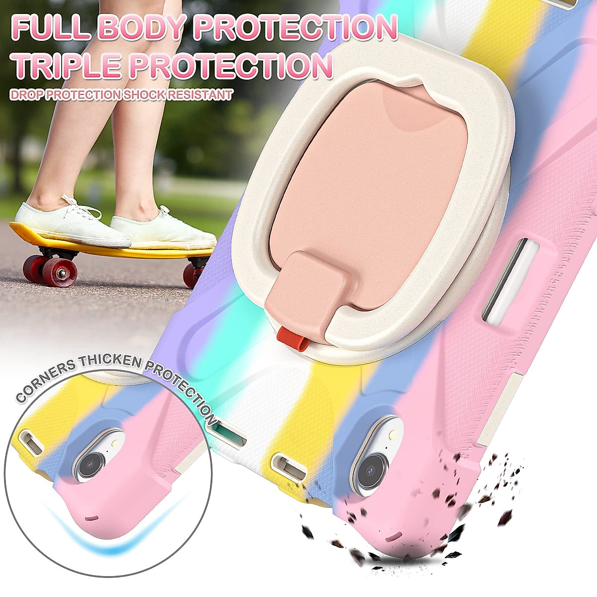 BATYUE Case for iPad Mini 7 (A17 Pro) 2024/ iPad Mini 6 (A15 Bionic) 2021 8.3 inch, Shockproof Case for iPad Mini 7th/6th Gen with Pencil Holder/ 360° Swivel Stand/Shoulder Strap - Colourful Pink