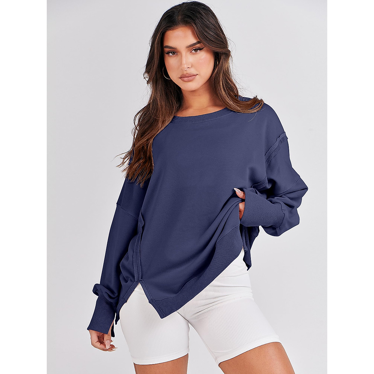 ANRABESS Women's Oversized Sweatshirts Crew Neck Long Sleeve Shirts Casual Loose Slit 2025 Fall Clothes Navy Blue S