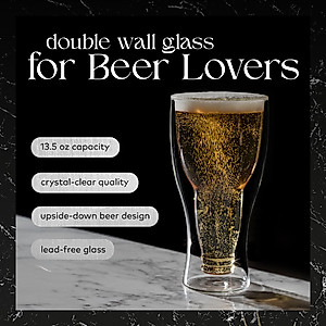 Dragon Glassware Beer Glasses - 13.5 oz Clear Double Wall Insulated Beer Glass Set of 2 - Upside Down Design - Holds One Full Bottle - Freezer Safe