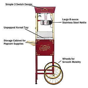 Matinee Popcorn Machine with Cart - 8oz Popper with Stainless-Steel Kettle, Warming Light, and Accessories by Great Northern Popcorn (Red)