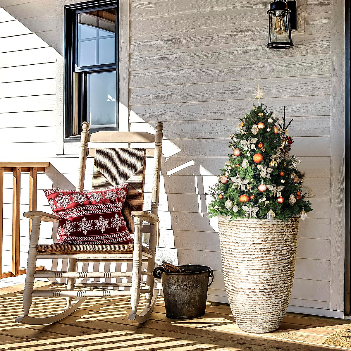 KOL 2-Pack 21in. Tall Plastic Planter - Large Round Tapered Plant Pots with Textured Finish - Beige Imitation Stone Looking Flower Pots for Indoor & Outdoor Plants - Lightweight and Durable