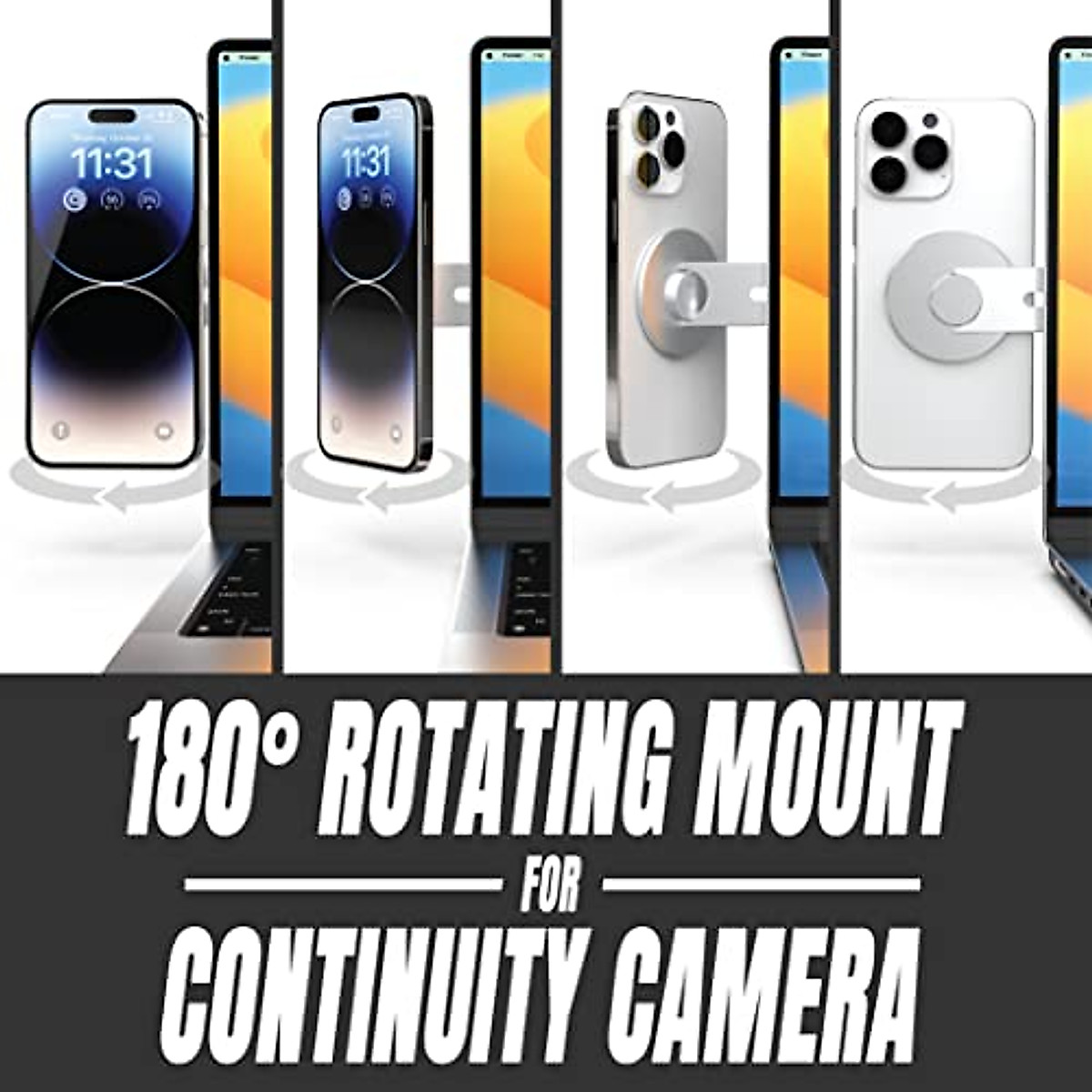 ICONIT Continuity Flip iPhone Laptop Mount - Slim Magnetic Phone Holder Swivels 180° for Laptops and Monitors - Adjustable Magnetic Arm - Compatible with iPhone 14/13/12 Plus Pro Max Mini (Silver)