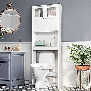Bonnlo Over Toilet Storage, Bathroom Space Saver with Double Door Glass Window Cabinet Tower with Adjustable Shelf (White)
